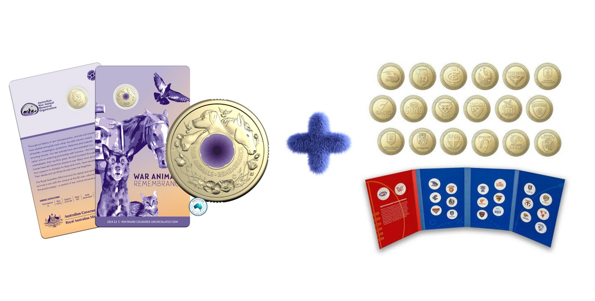 2024 Remembrance Day 'Purple Poppy' $2 'C' Mintmark Coin plus 2023 AFL ...