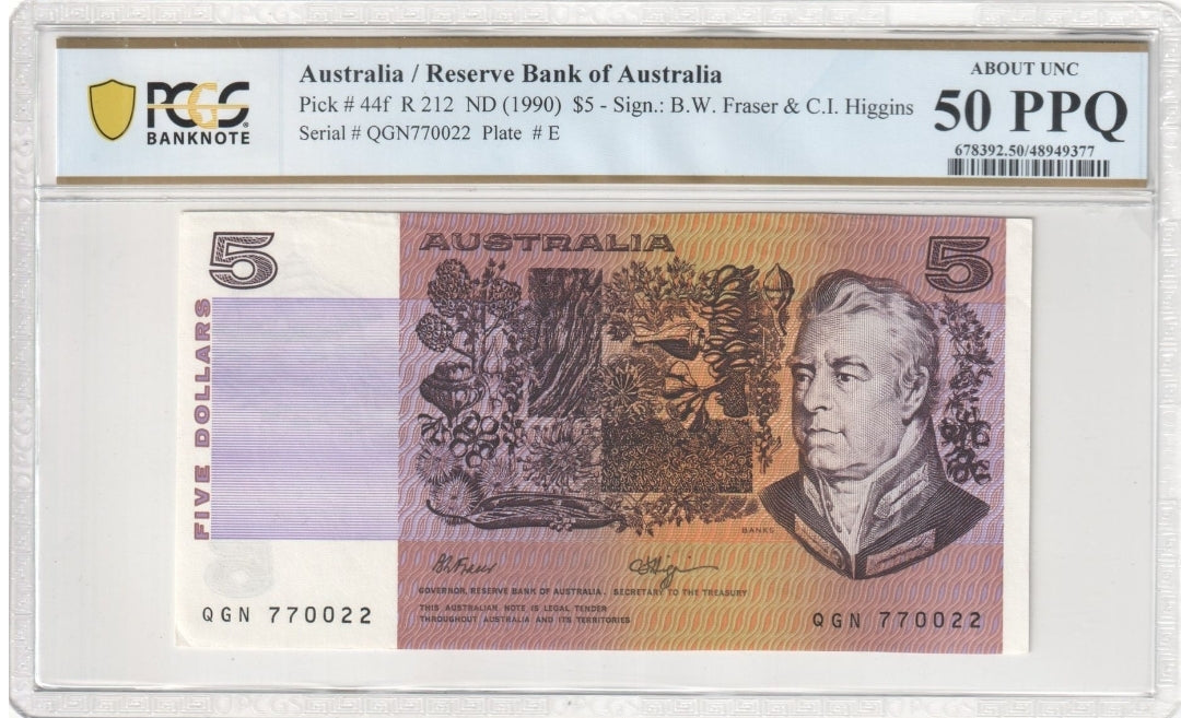 1990 Australia $5 Banknote Fraser/Higgins Choice About Uncirculated 50 ...